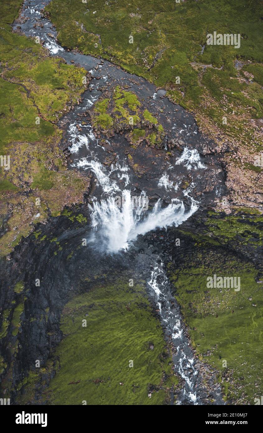Aerial view of Fossa Waterfall, the highest waterfall in the Faroe ...