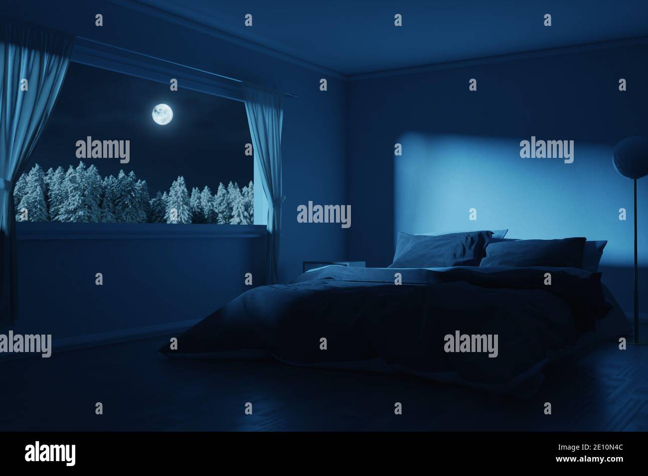 3d rendering of bedroom with cozy low bed in the full moon night Stock ...