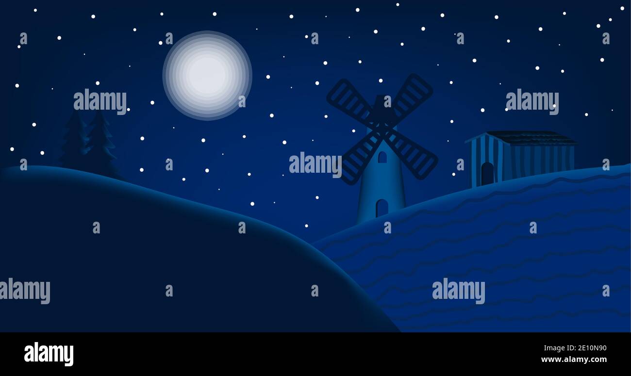 Night landscape with moon, windmill and barn vector illustration Stock ...
