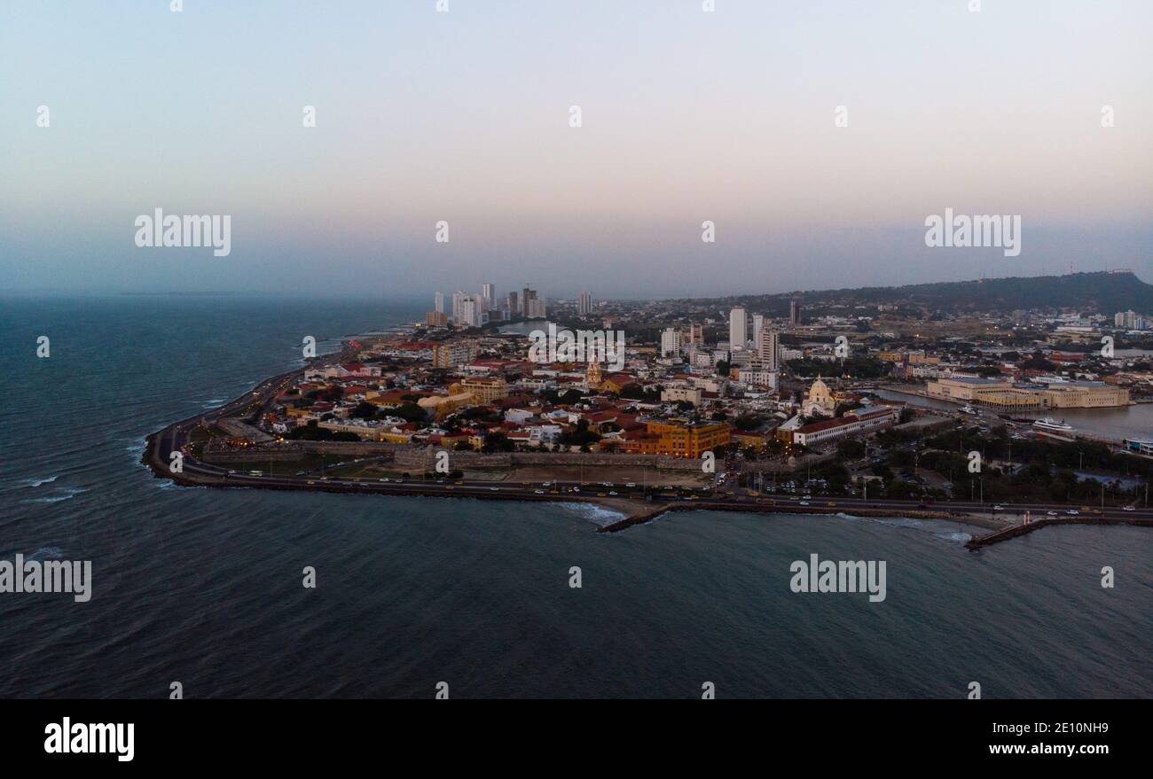 Aerial panorama of walled city historical colonial center of Cartagena ...