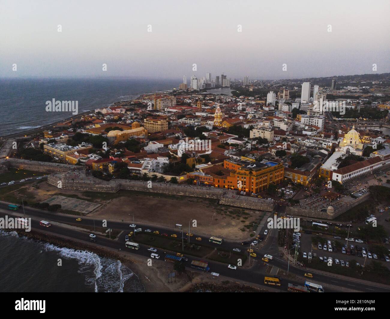 Aerial panorama of walled city historical colonial center of Cartagena ...