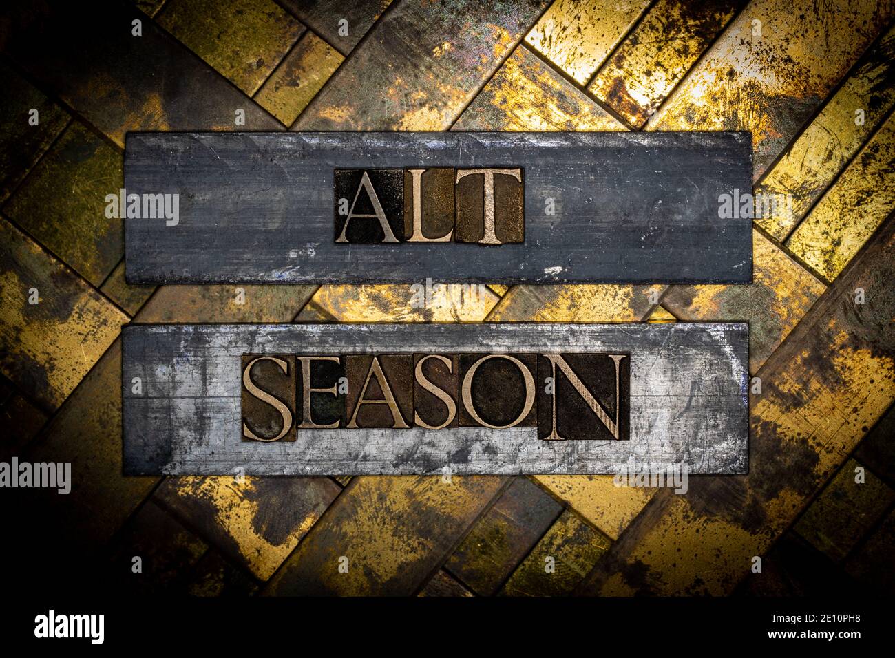 Alt Season text on textured grunge copper and vintage gold Stock Photo ...