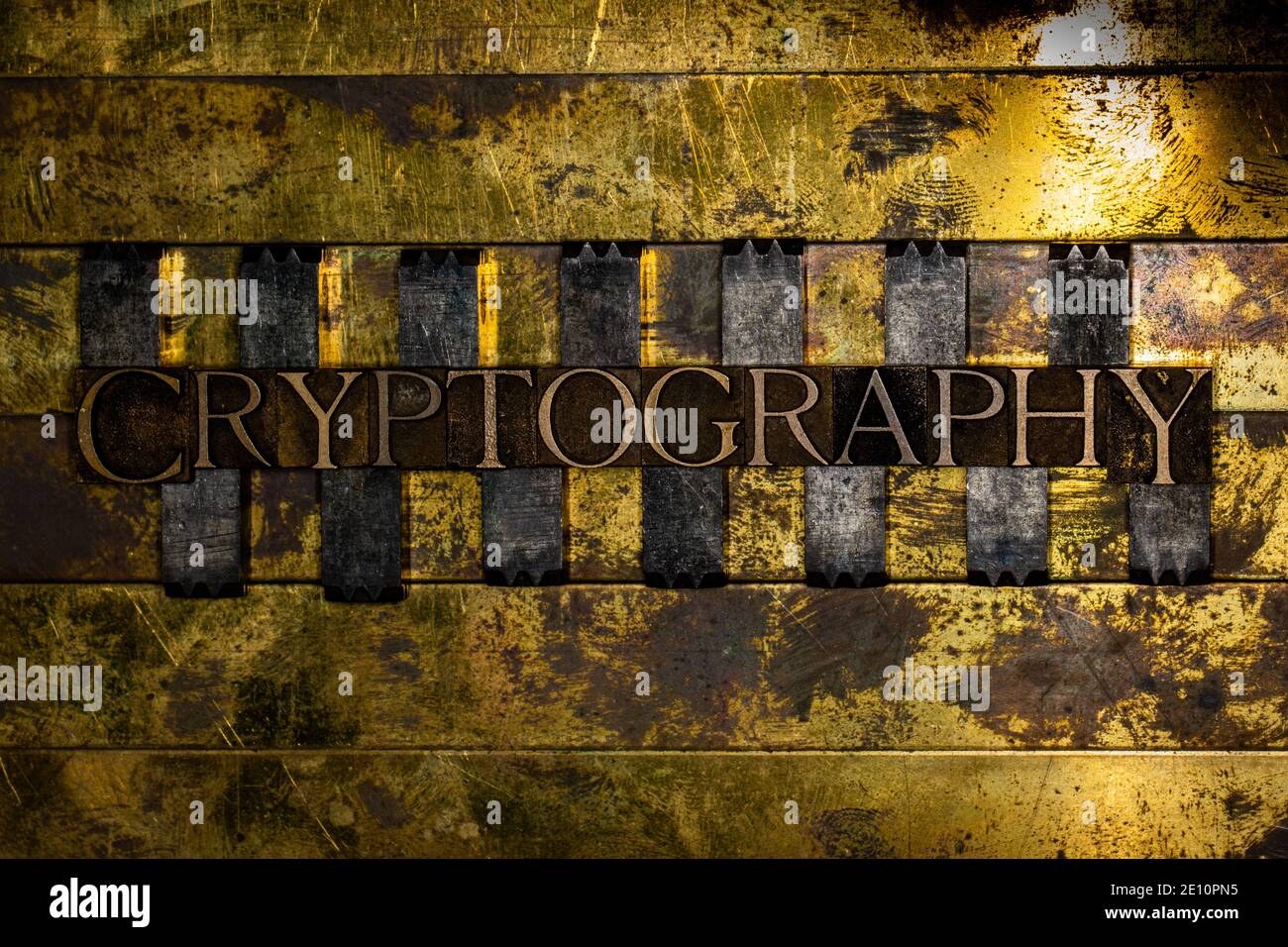 Cryptography text on textured grunge copper and vintage gold grid ...