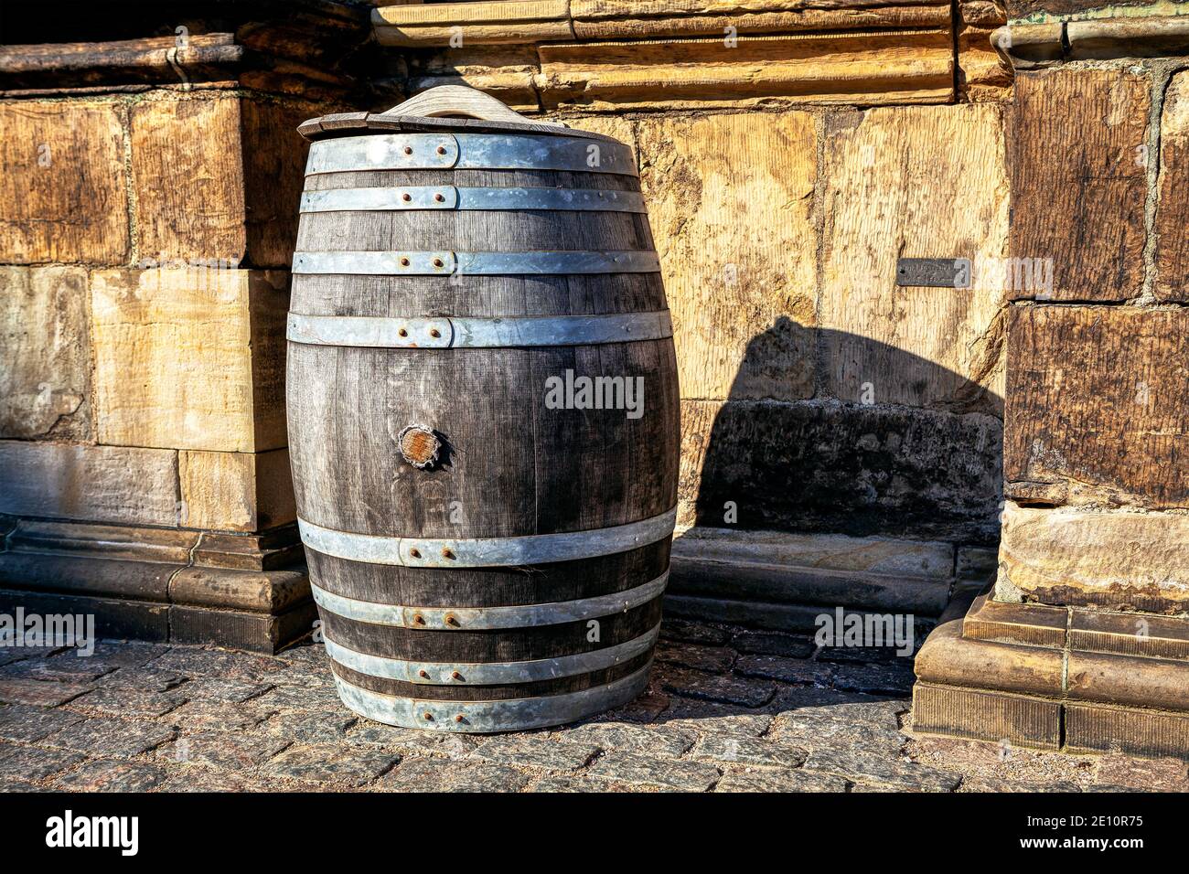 Old wooden barrel for wine . Medieval Town Wooden Decor Stock Photo - Alamy