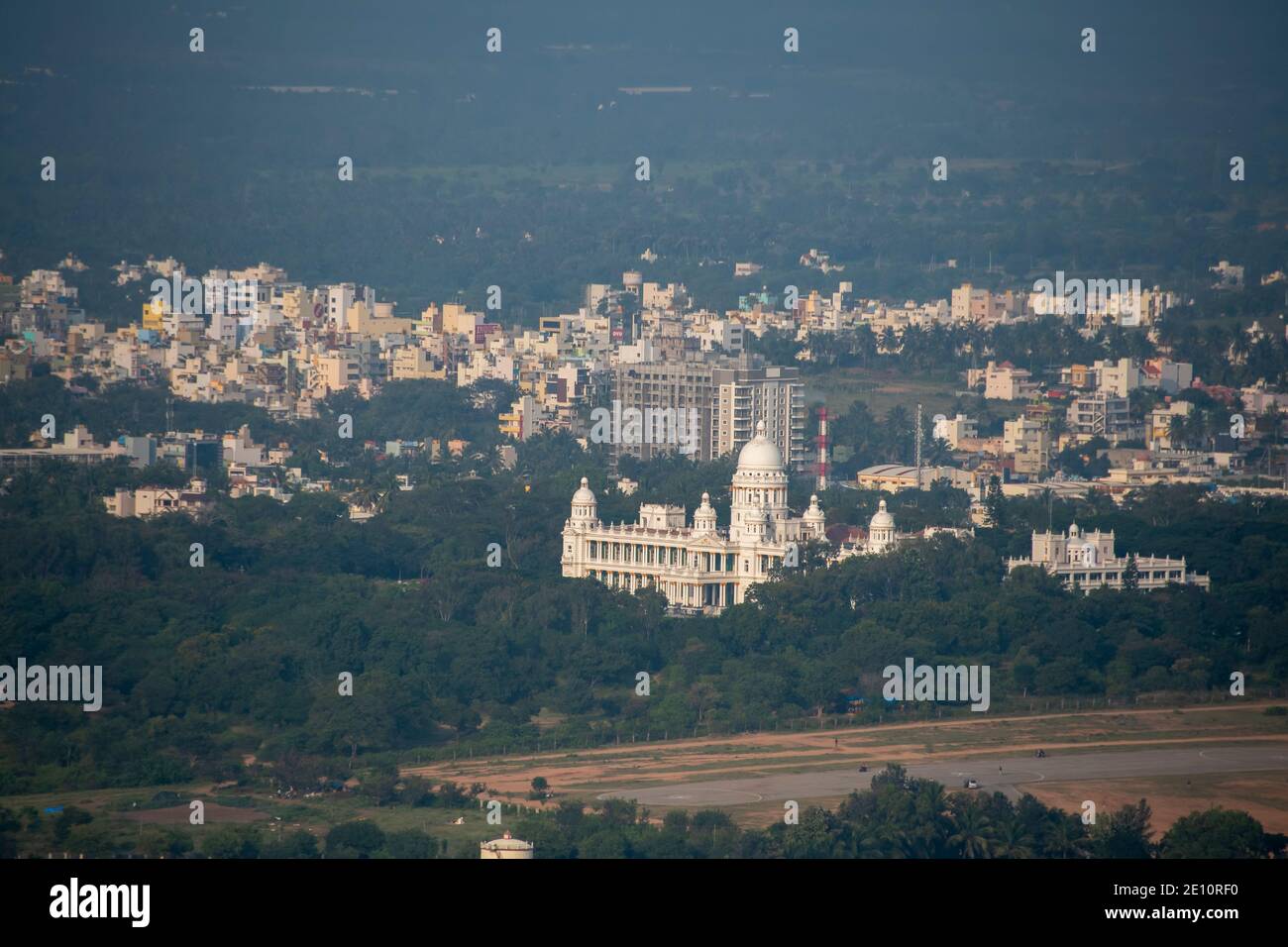 An arial view of Mysore with the view of Lalith Mahal from hills of ...