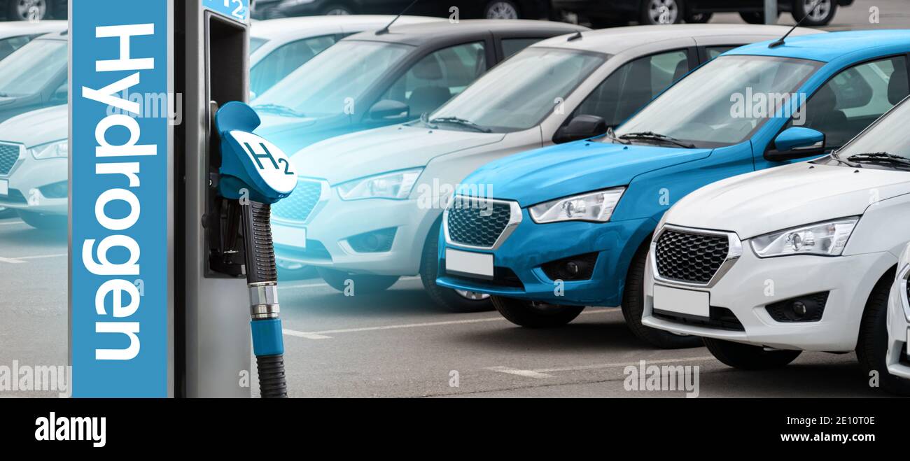 Hydrogen filling station on a background of cars. One car blue Stock ...