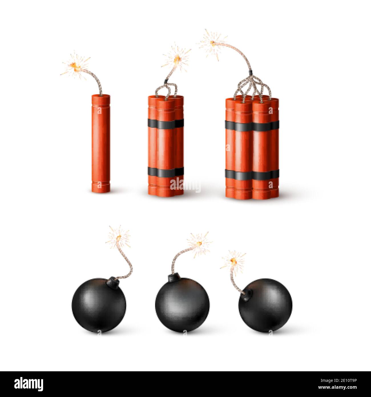 Set of Dynamite Bomb with Burning Wick and black sphere bomb. Military ...