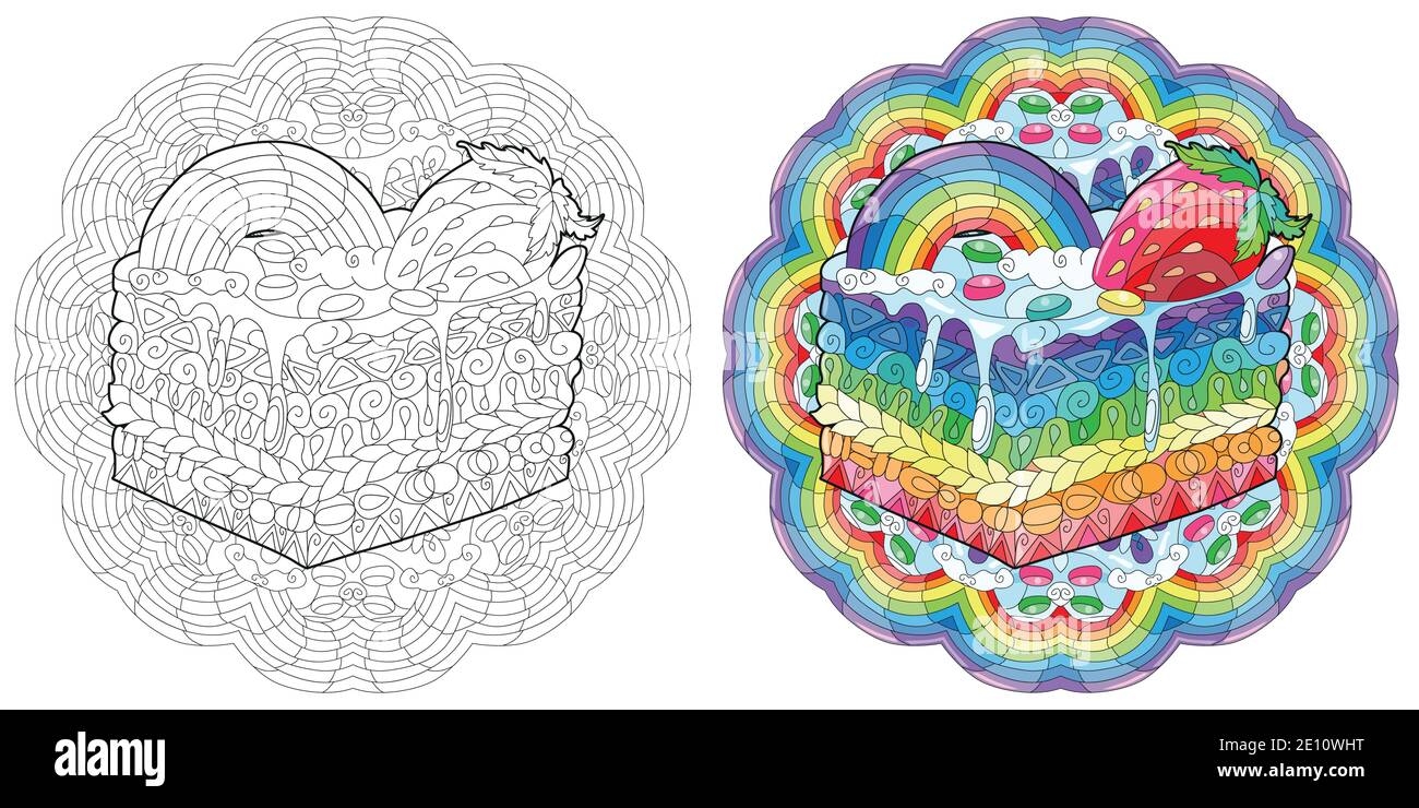 Vector piece of cake on a patterned round substrate. Color and outline ...