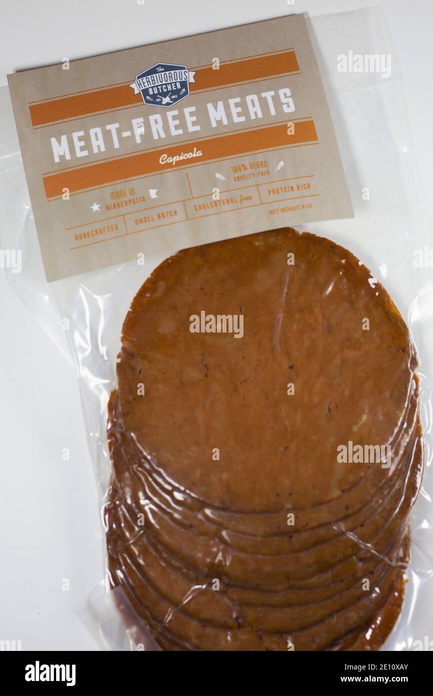 A package of vegan capicola slices, made by the Herbivorous Butcher in ...