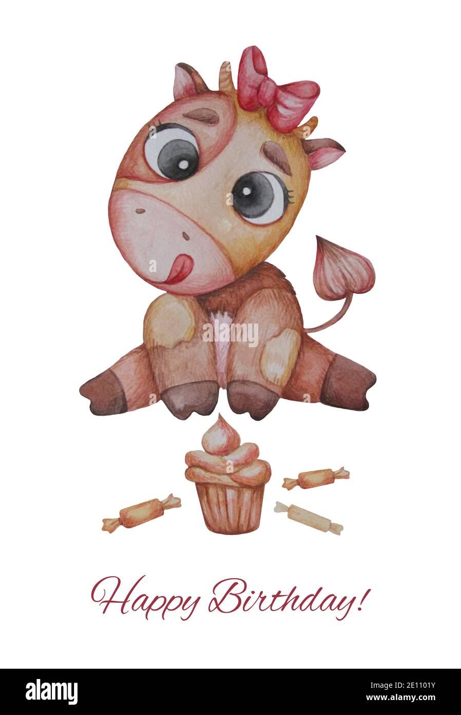 A little goby girl with a red bow licks her lips and looks at dessert ...