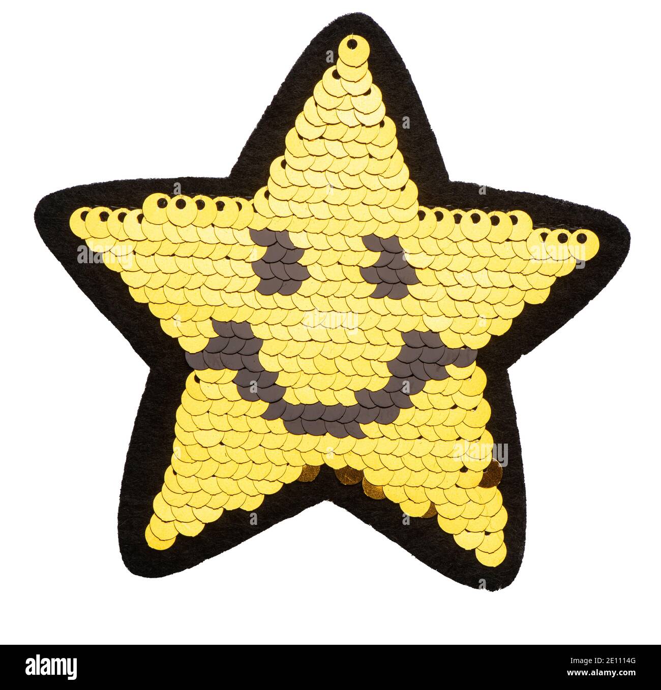 Golden sequin star with smile patch isolated on white background Stock ...