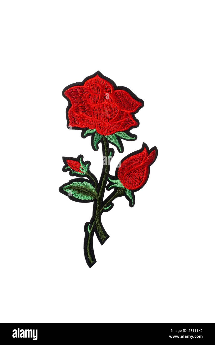 Red rose embroidered patch isolated on white background Stock Photo - Alamy
