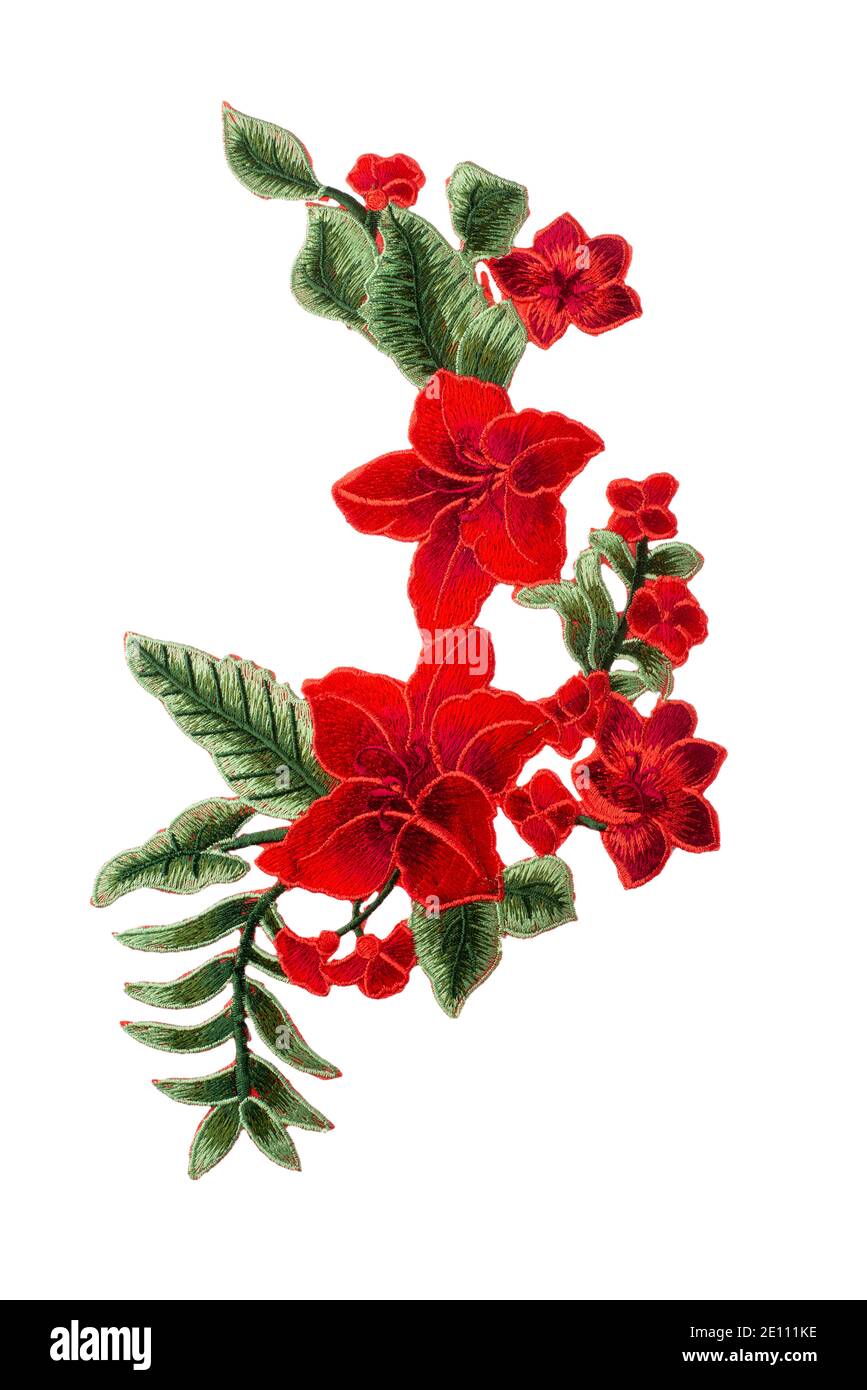Embroidered red flowers with leaves isolated on white background Stock ...