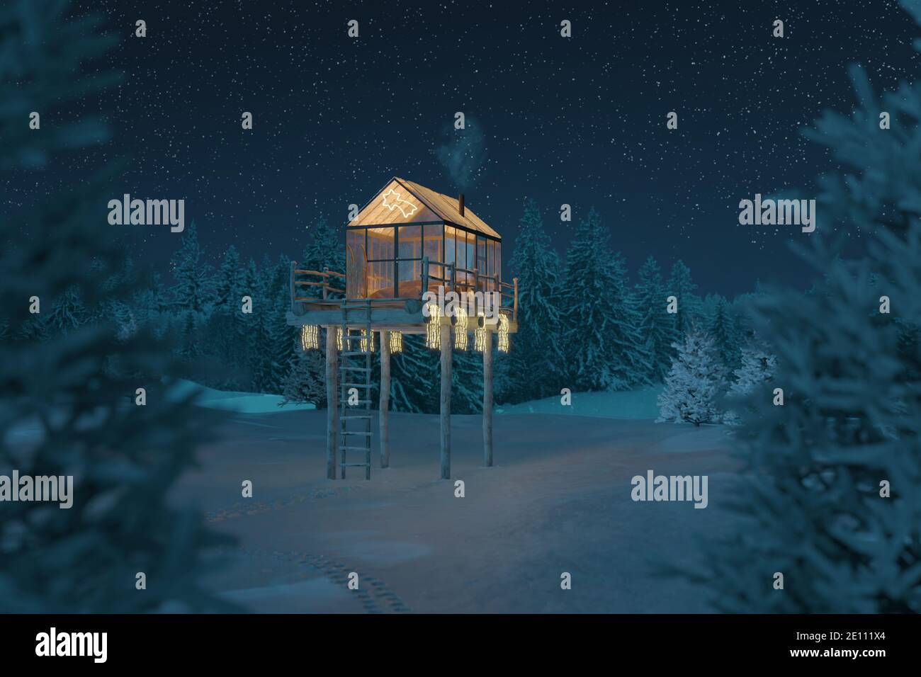 3d rendering of cozy hut with glass panels on viewing platform in the ...