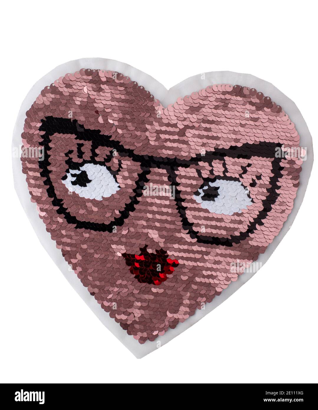 Pink sequin heart with face and eyeglasses isolated on white background ...