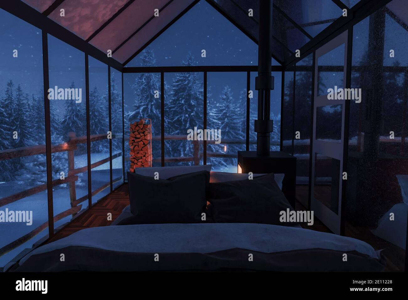 3d rendering of cozy hut with bed and glass panels at snow covered ...