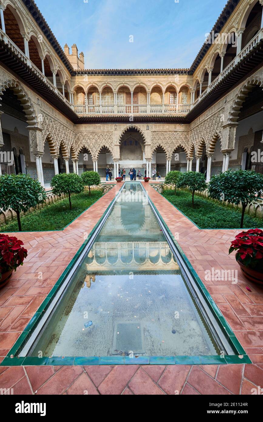View of the Medieval garden and courtyard, the Patio de las Doncellas ...