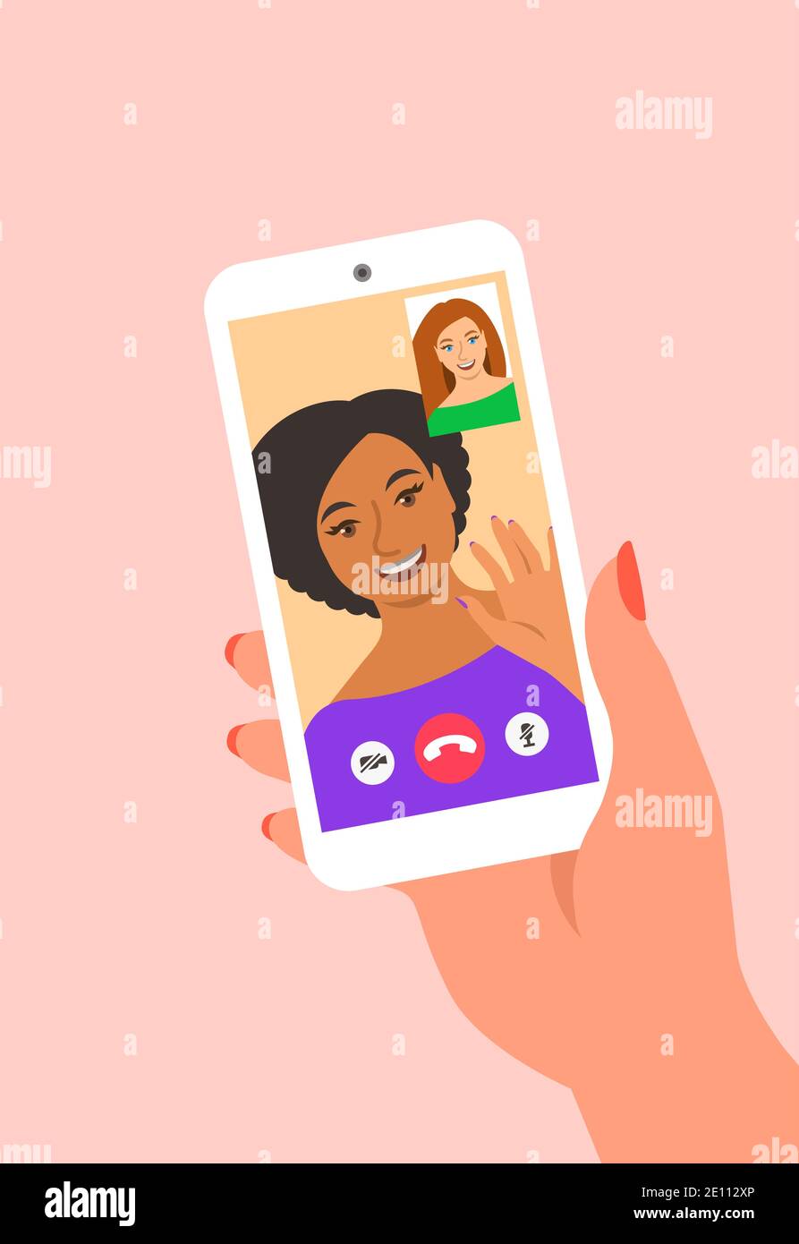 Online video call by smartphone. Black girl says hi to her friend ...