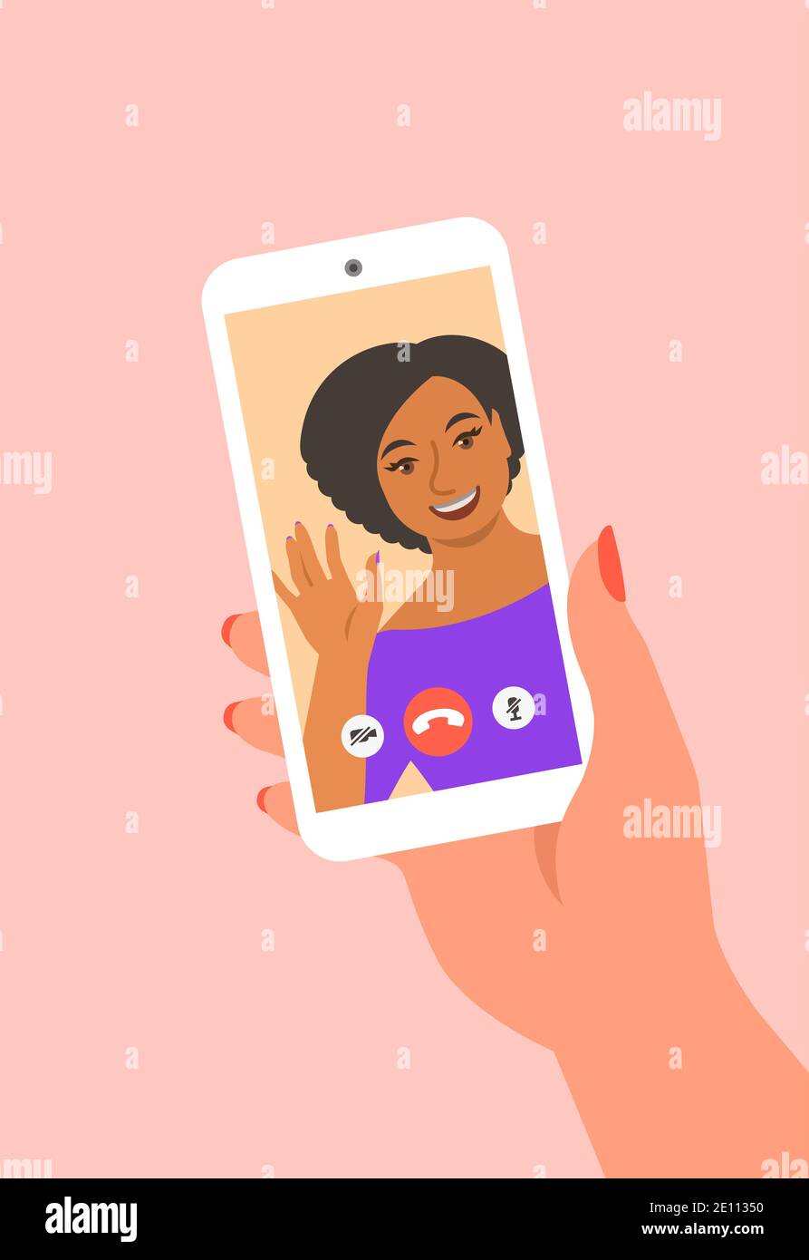 Online video call by smartphone. Black girl says hi to her friend ...