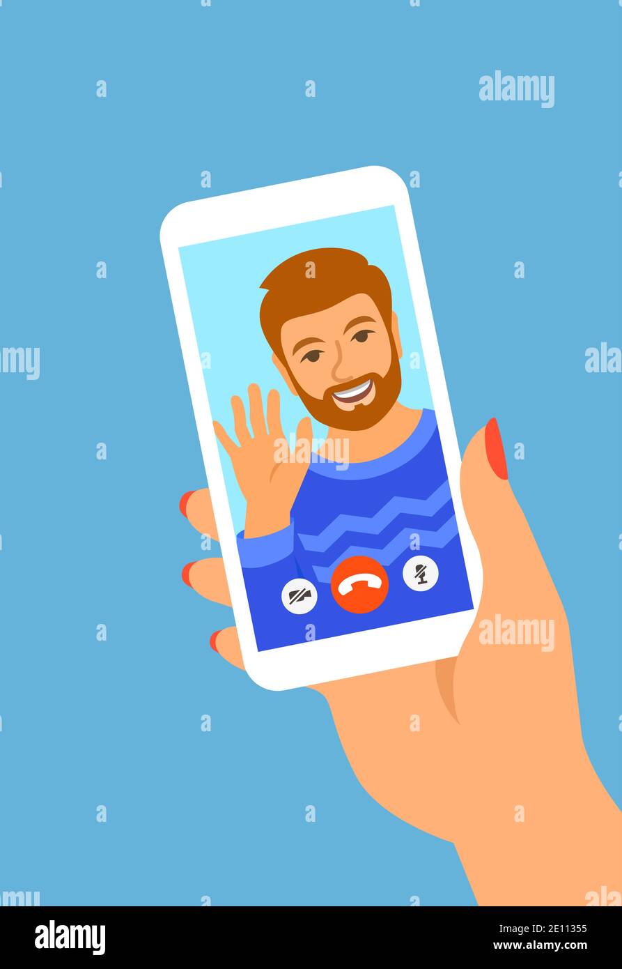 Online video call by smartphone. Young man says hi to his friend ...