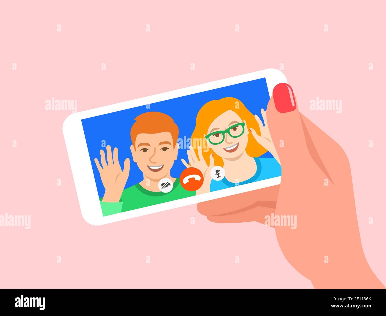 Online video call by smartphone. Young couple, girl and boy say hi to ...