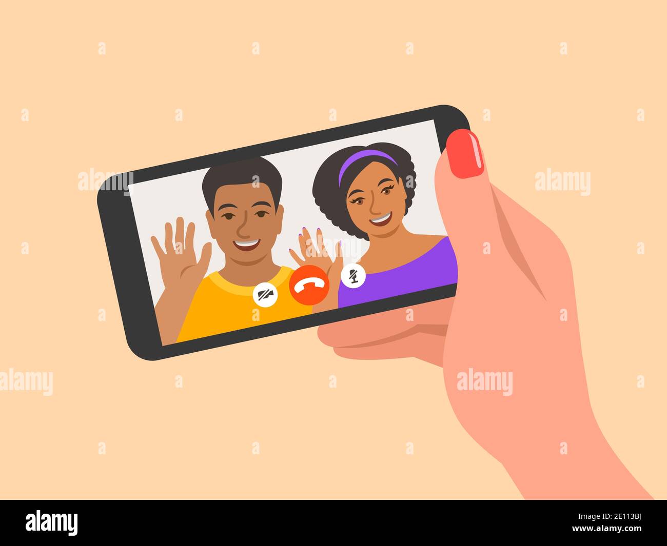 Online video call by smartphone. Young couple, black woman and man say ...