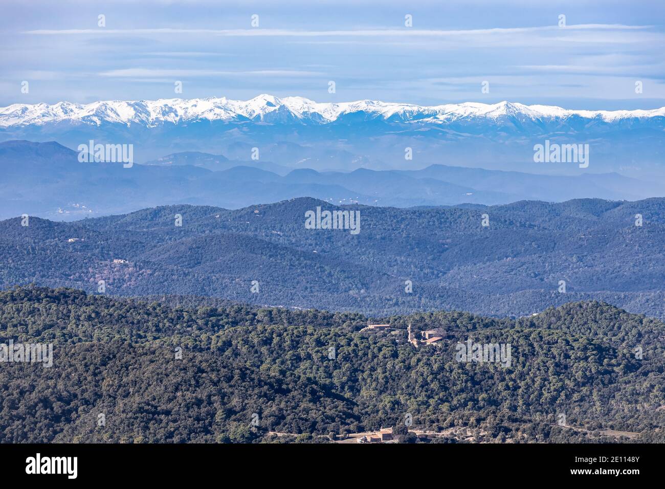 Snowy mountain peaks in the distance, Spanish Pyrenees mountain Stock ...