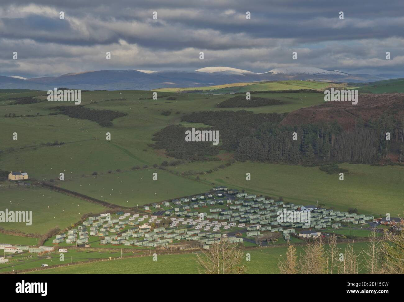 Views of snow capped Snowdonia mountains from caravan park in Borth ...