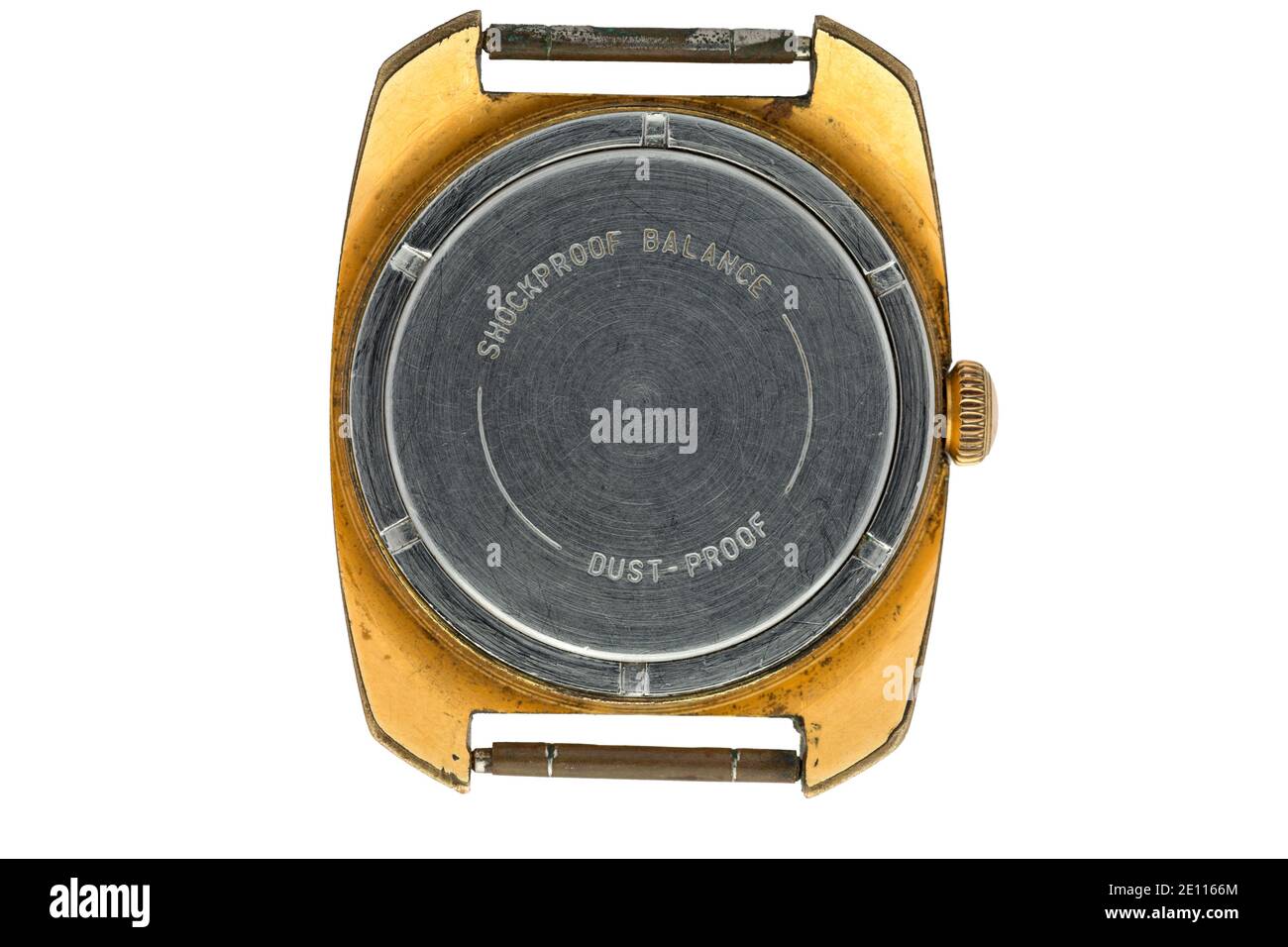 The reverse side of the watch is in a gold case. Isolated over white ...