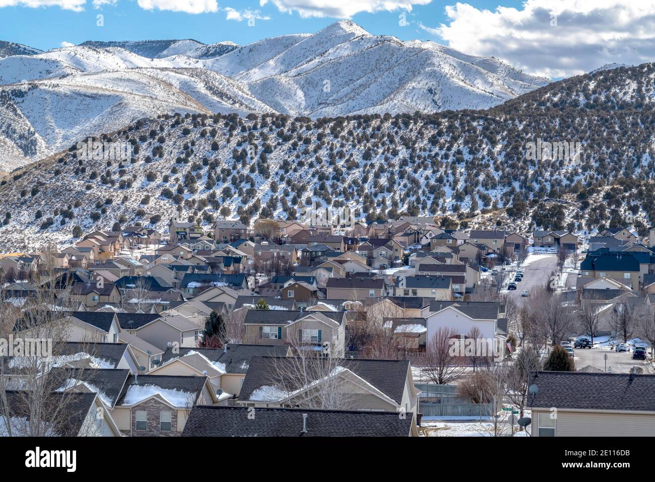 Utah Valley neighborhood on a sunny winter setting with Wasatch ...