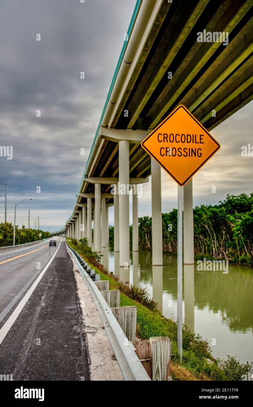 Crocodile Crossing sign along the access road beneath the Jewfish Creek ...