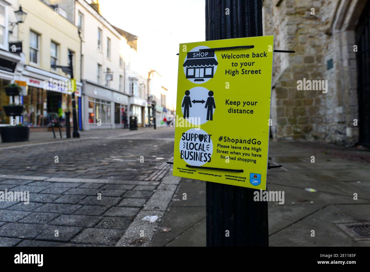 Ely, Cambridgeshire, UK, 02-01-2021. Building exterior of Shops with ...