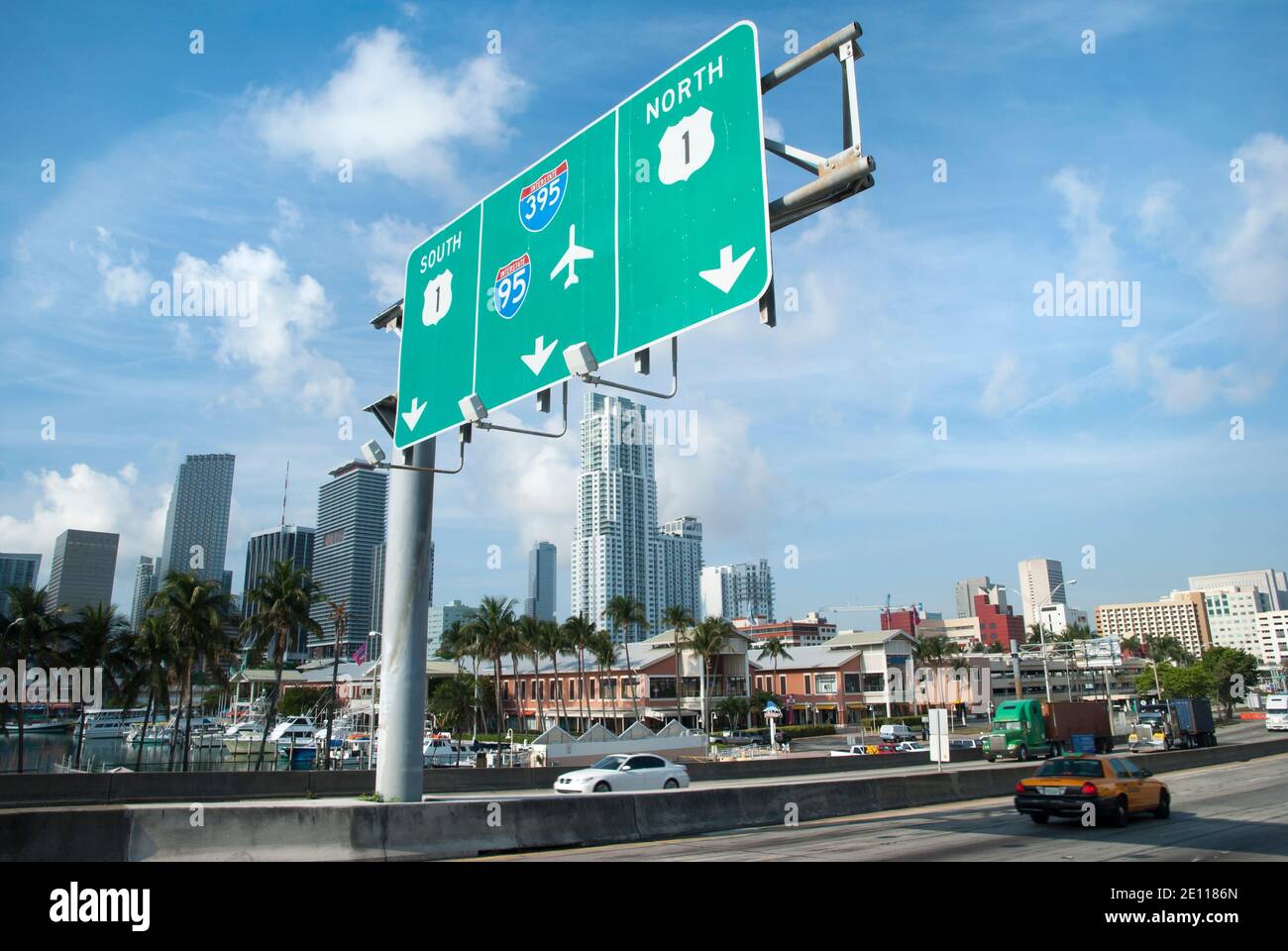 The morning view of MacArthur Causeway Bridge leading to Miami downtown ...