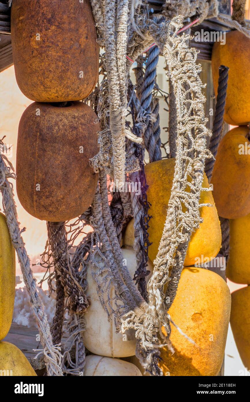 Old floats and rope hang outside a shop on Key Largo in the Florida ...