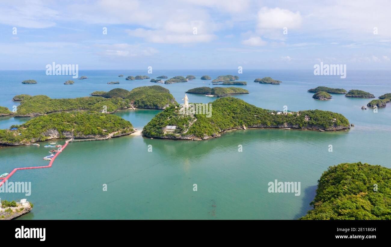 Aerial view of Small islands with beaches and lagoons in Hundred Islands National Park ...
