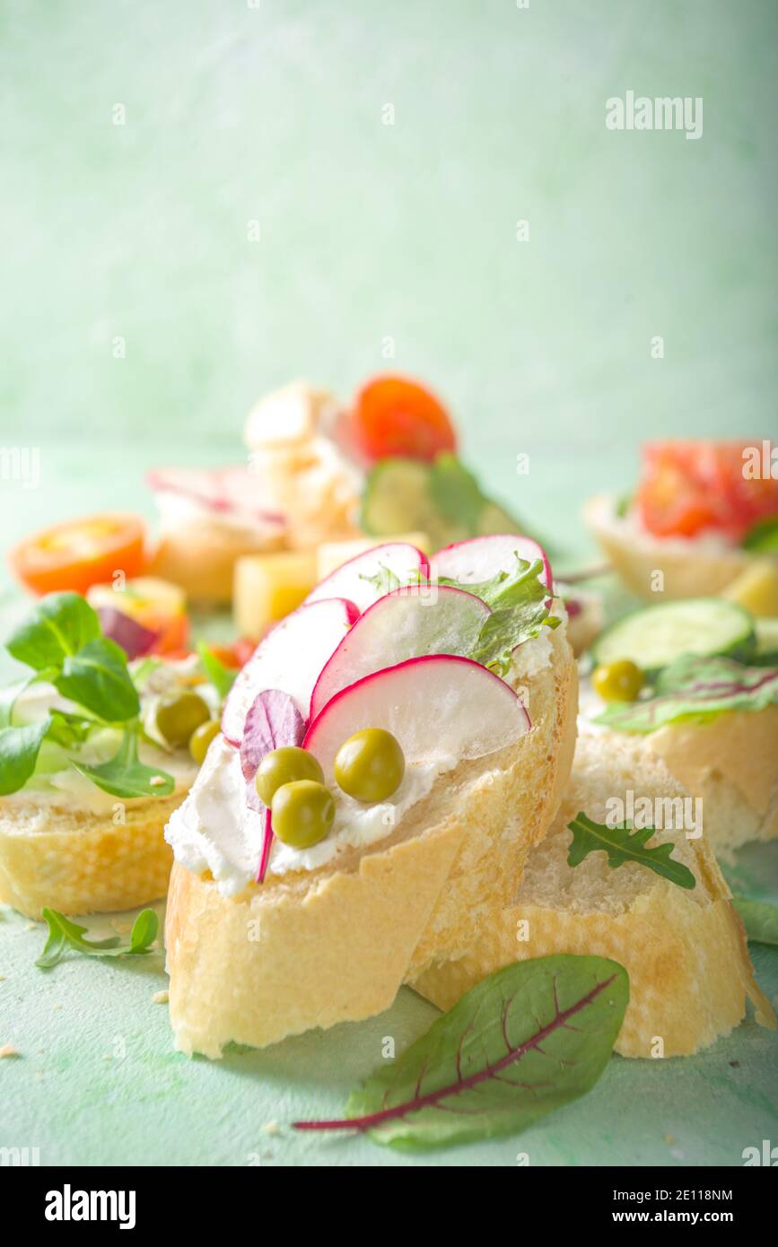 Spring diet healthy food background. Breakfast sandwich with baguette ...