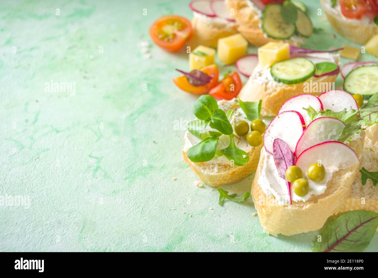 Spring diet healthy food background. Breakfast sandwich with baguette ...