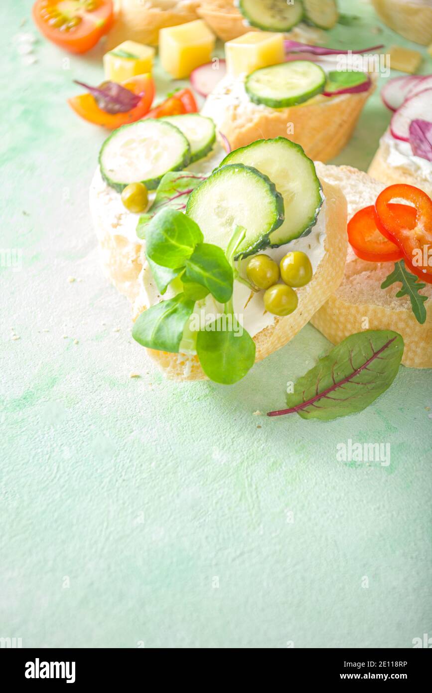 Spring diet healthy food background. Breakfast sandwich with baguette ...