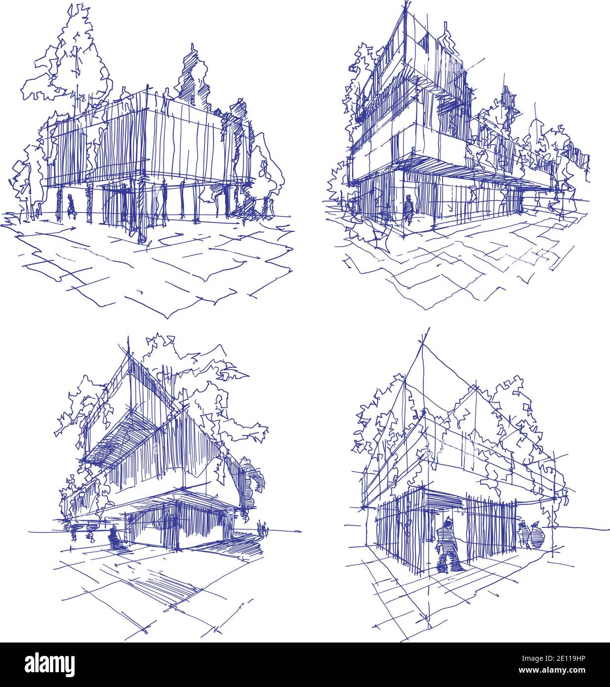 four hand drawn sketches of abstract modern building with lots of ...