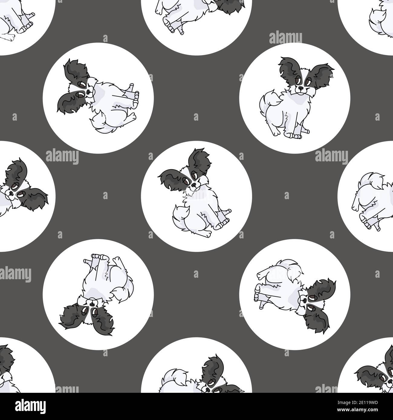 Hand drawn cute Papillon dog breed in polka dot seamless vector pattern ...