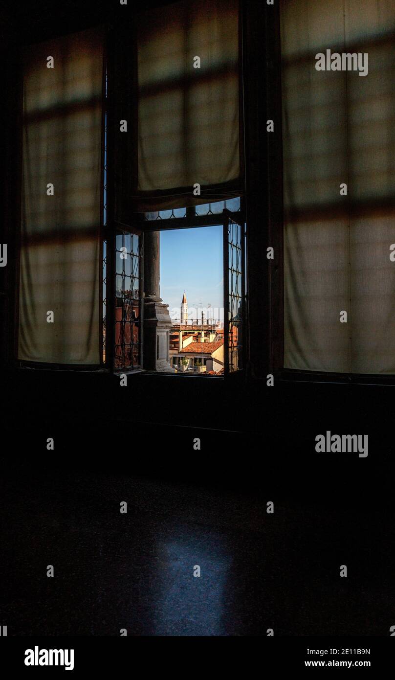 Looking Through A Historic Window On The Landmark Tower In Venice ...