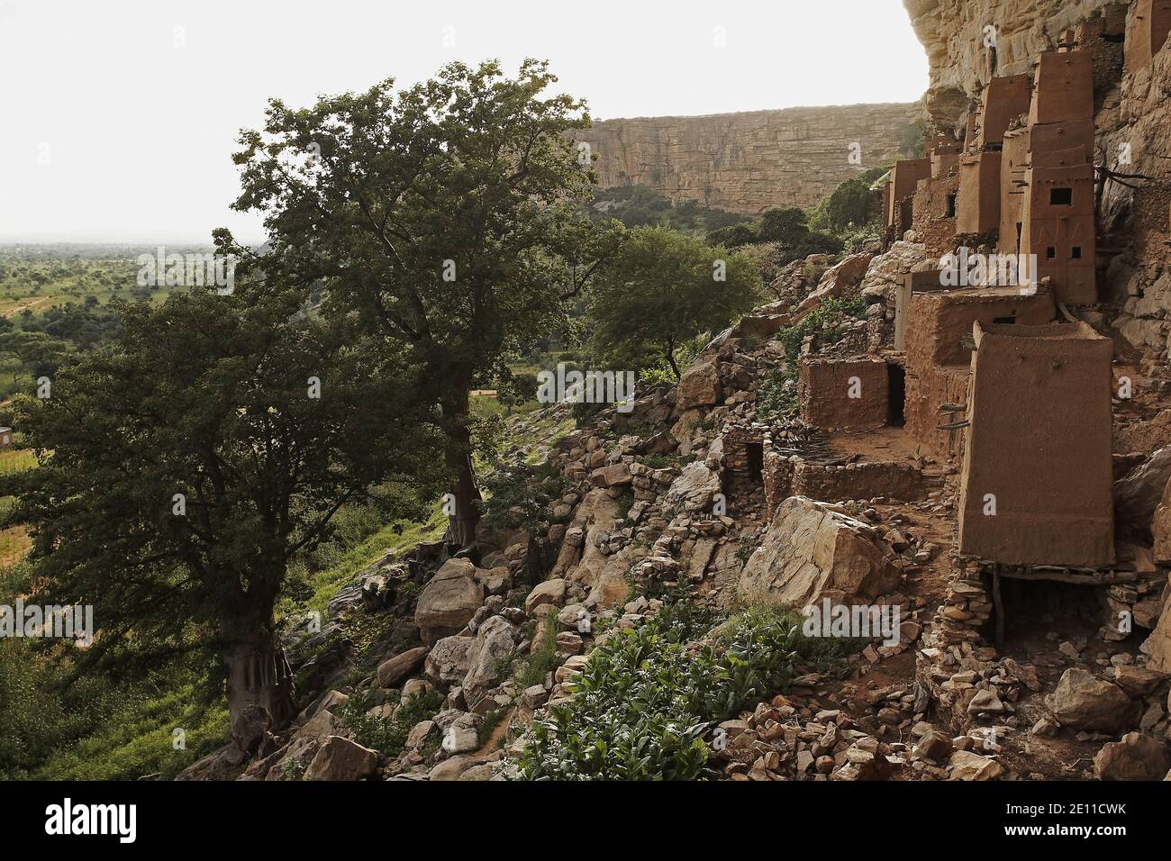 Dogon village in rock-face near Teli, Bandiagara Escarpment (Falaise de ...