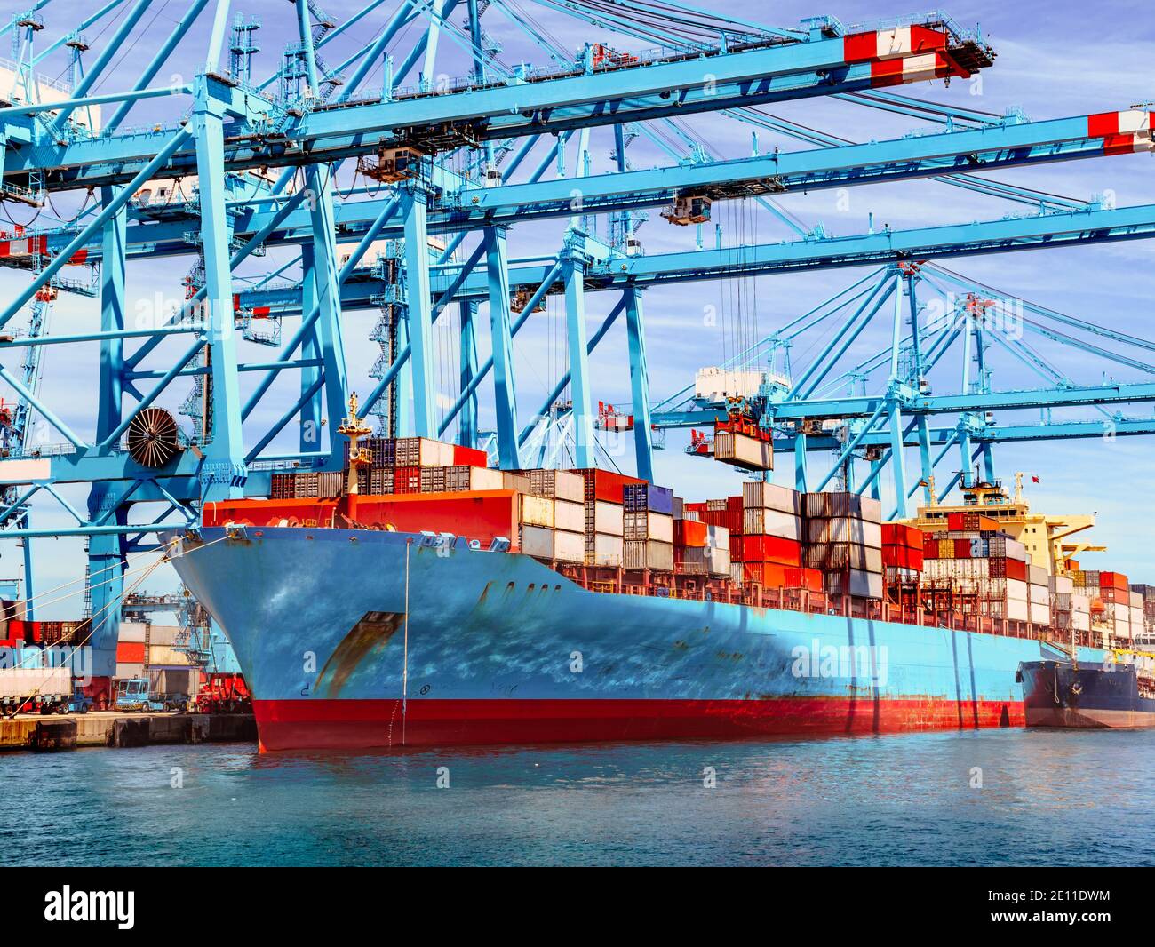Container Ship In The Habor Of Algeciras, Spain, Loading And Unloading ...