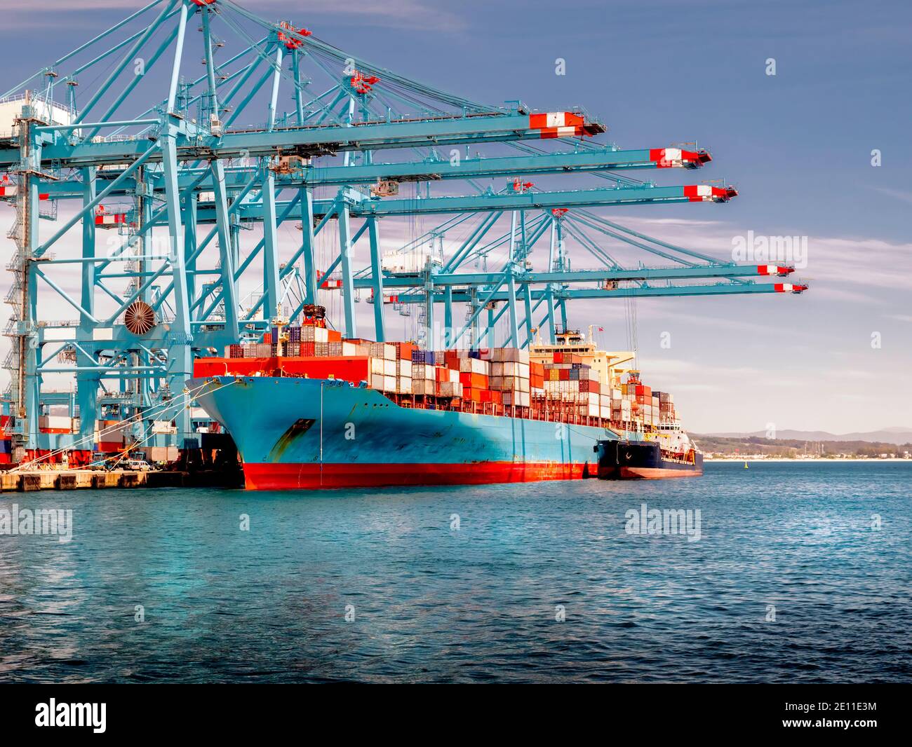 Container Ship In The Habor Of Algeciras, Spain, Loading And Unloading ...