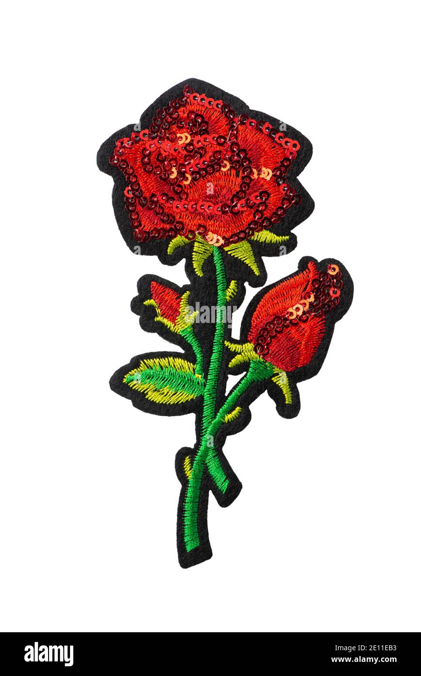 Embroidered red rose patch with sequins, isolated on white background ...