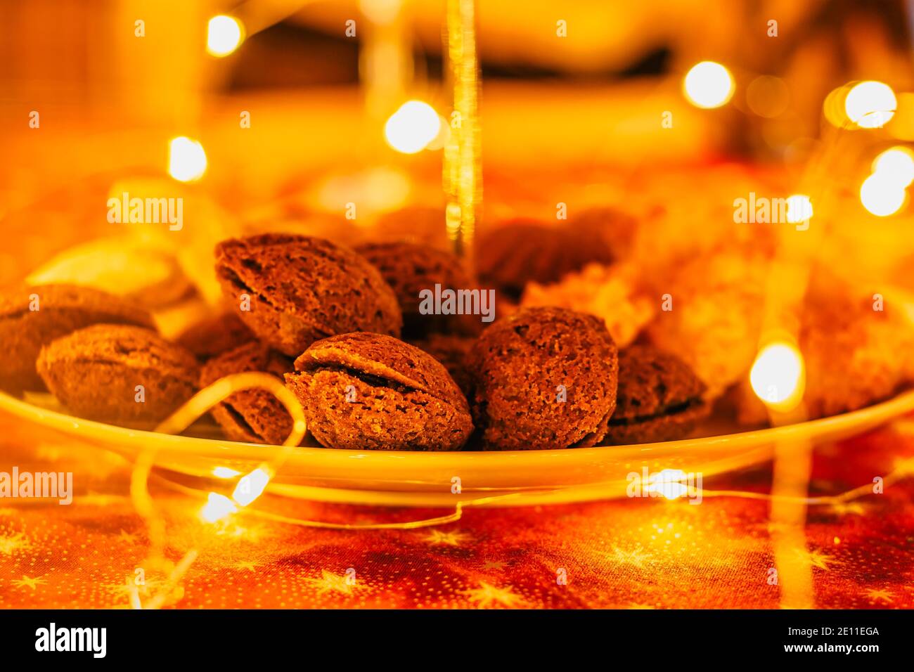Christmas homemade tasty cookies blurred Xmas lights in background ...