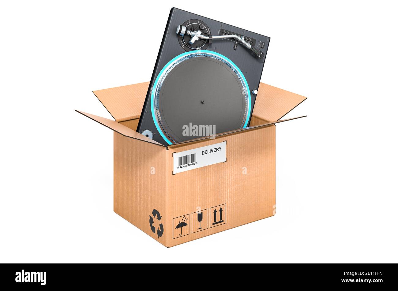 Phonograph turntable inside cardboard box, delivery concept. 3D ...