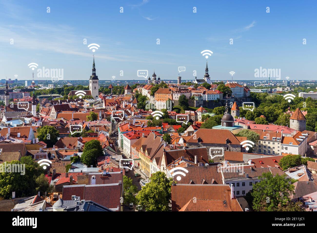 Churches, other landmarks and old buildings at the Old Town in Tallinn ...