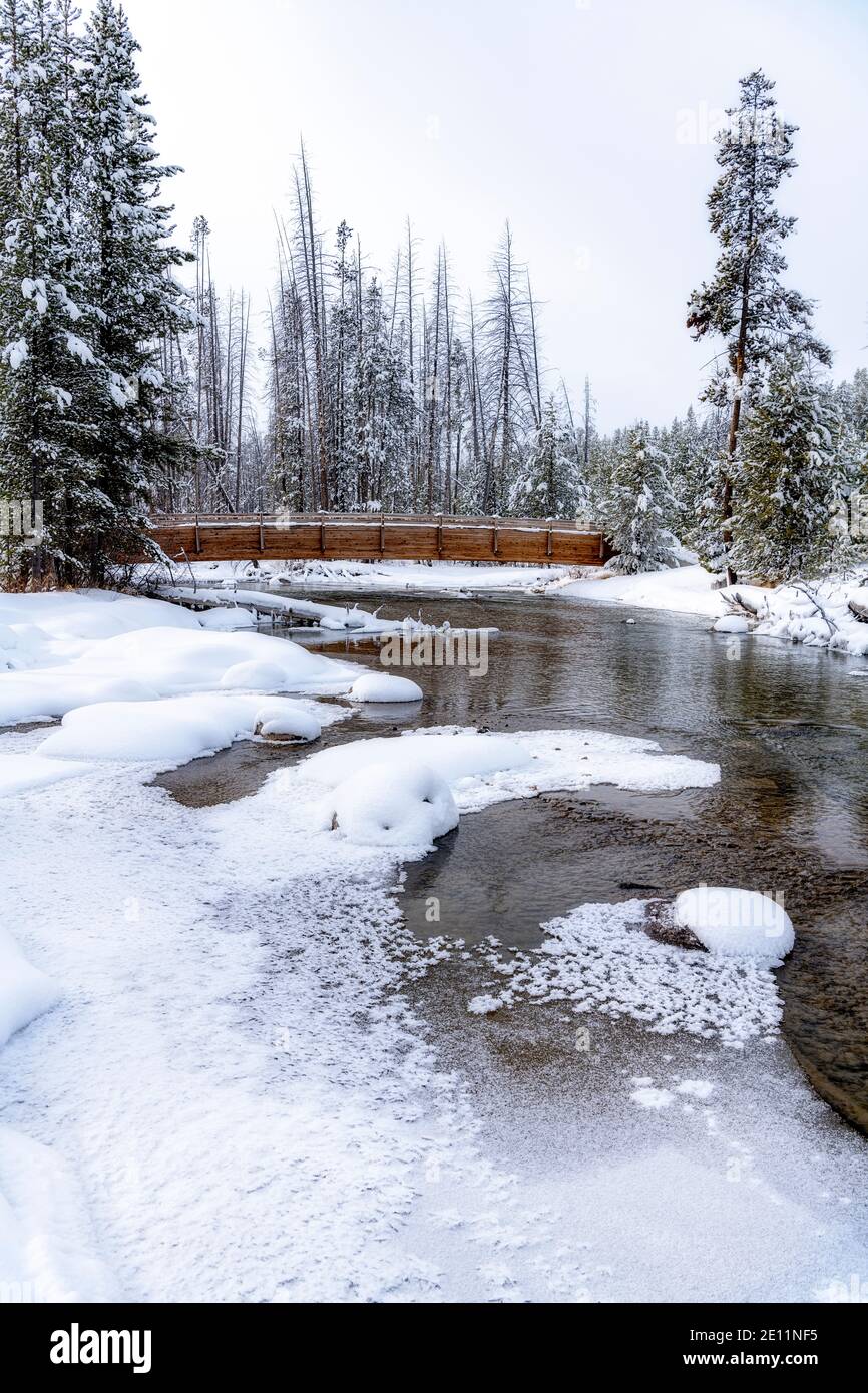 Fresh snow along an icy cold creek with a wood bridge Stock Photo - Alamy
