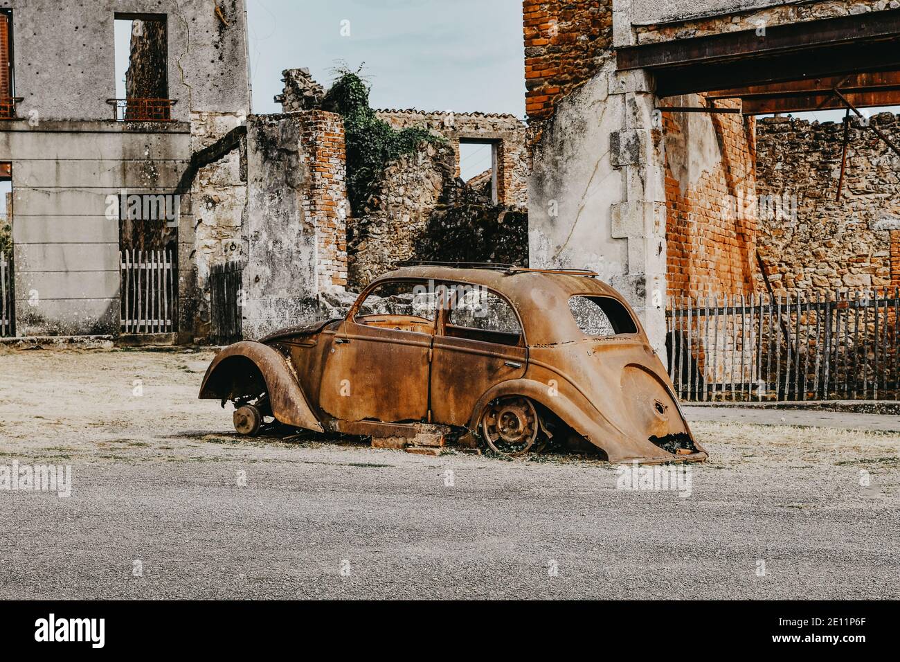 Destroyed cars during World War 2 in the city Oradour sur Glane France ...